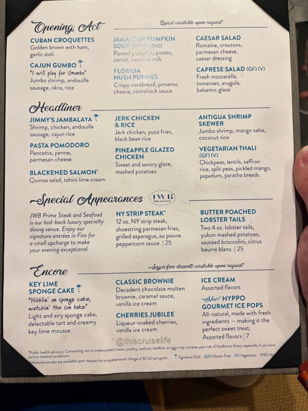 Margaritaville At Sea Paradise Menus – Fins Main Dining Room › This ...