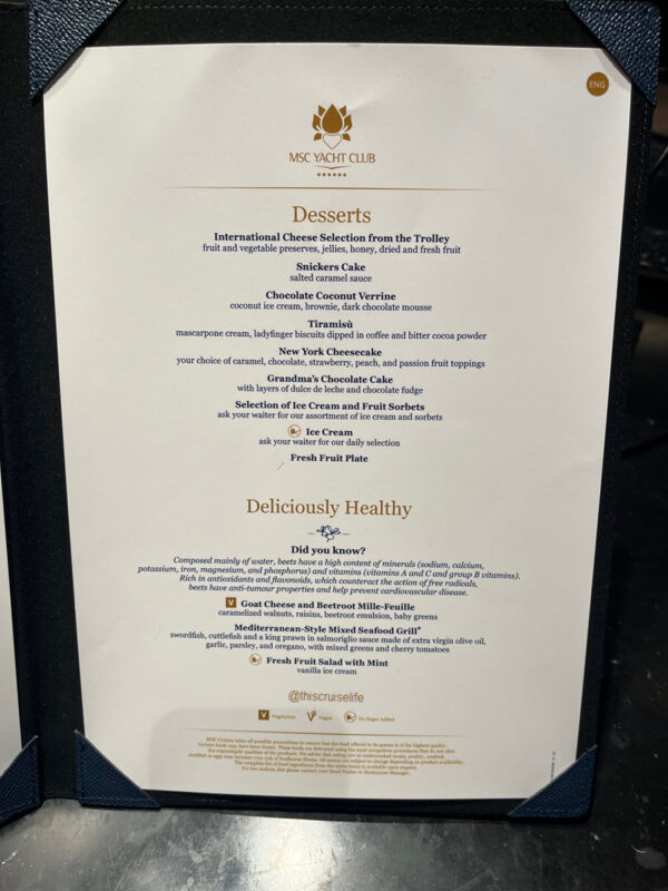 MSC Yacht Club Menus (2024) | Top Sail Lounge Nights 4, 5, and 6 › This ...