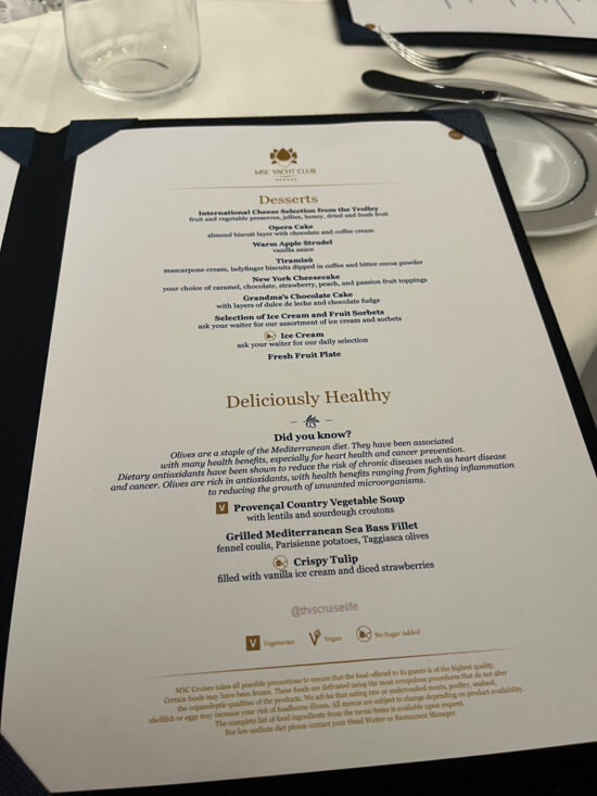 MSC Yacht Club Menus (2024) | Top Sail Lounge Nights 4, 5, and 6 › This ...