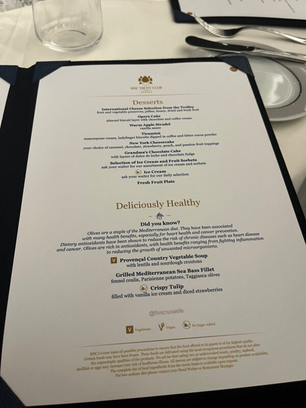 MSC Yacht Club Menus (2024) | Top Sail Lounge Nights 4, 5, and 6 › This ...