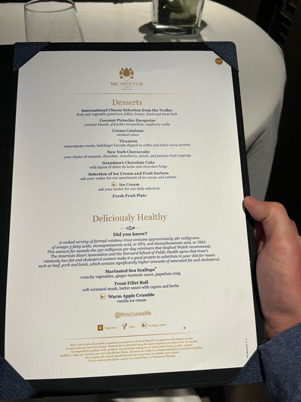 MSC Yacht Club Menus (2024) with Pictures › This Cruise Life