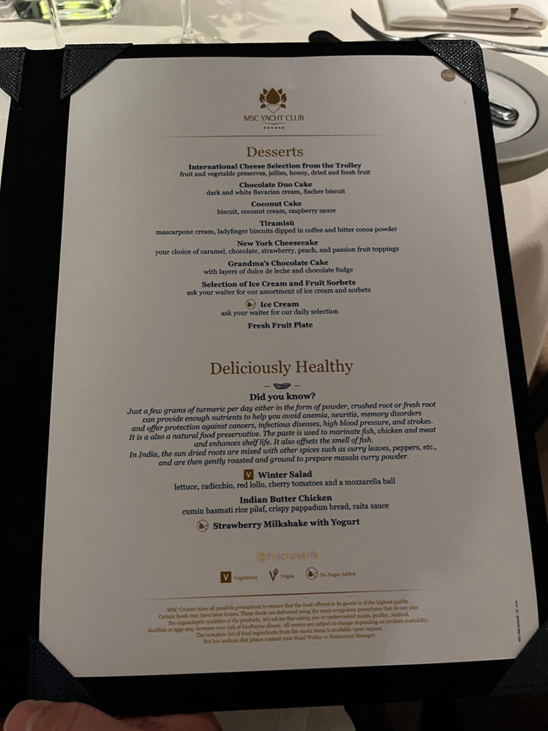 MSC Yacht Club Menus (2024) | Top Sail Lounge Nights 7, 8, and 9 › This ...