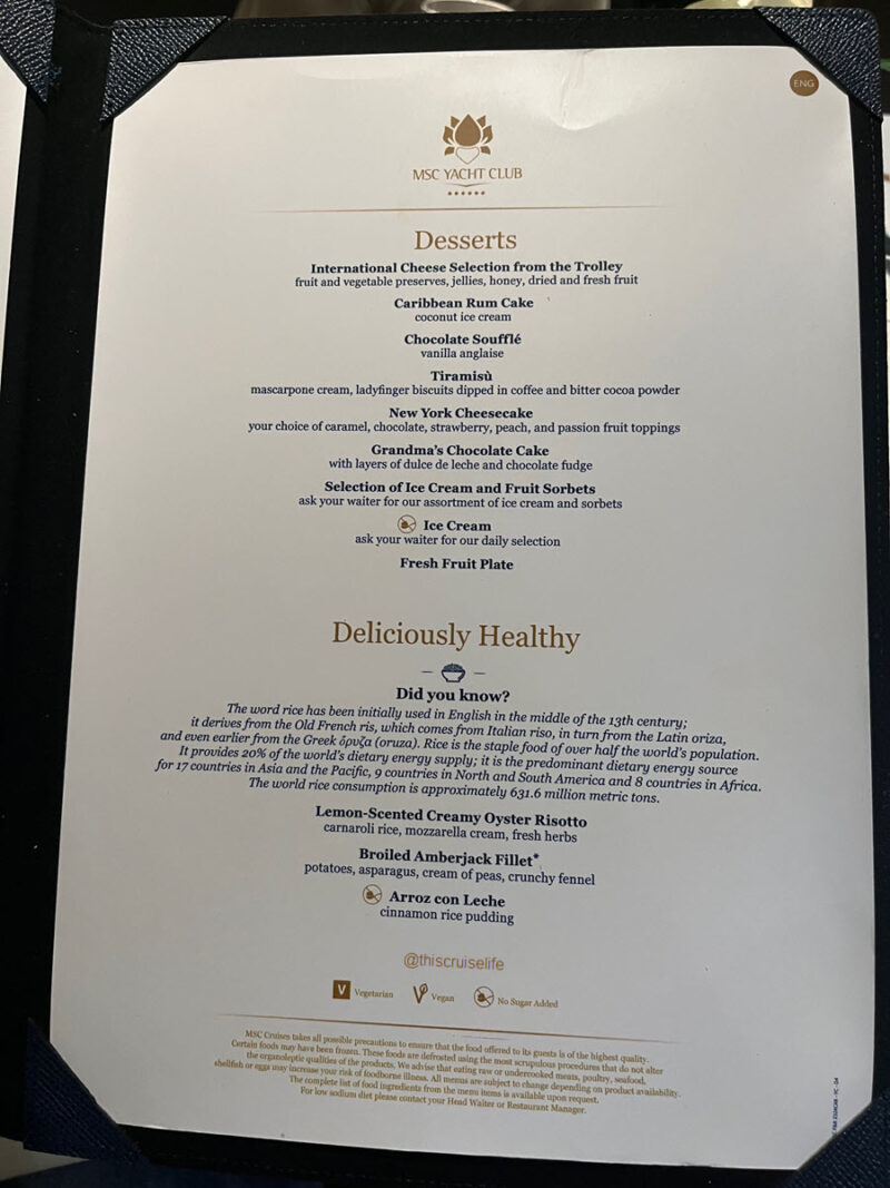 MSC Yacht Club Menus (2024) | Top Sail Lounge Nights 4, 5, and 6 › This ...