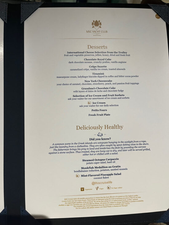 MSC Yacht Club Menus (2024) with Pictures › This Cruise Life