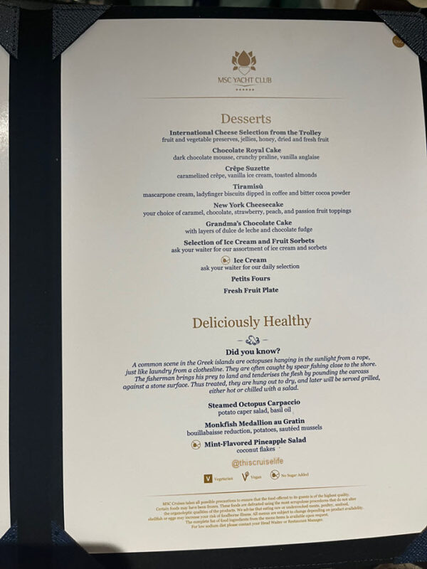 MSC Yacht Club Menus (2024) with Pictures › This Cruise Life